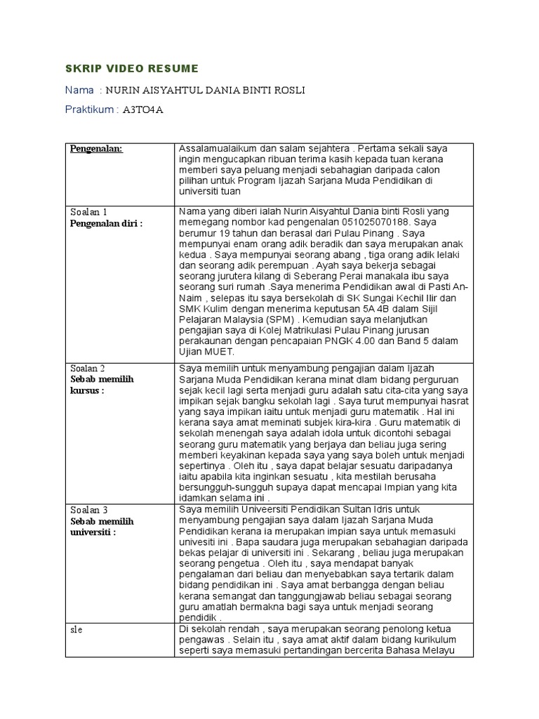 Skrip Video Resume Nurin Aisyahtul | PDF