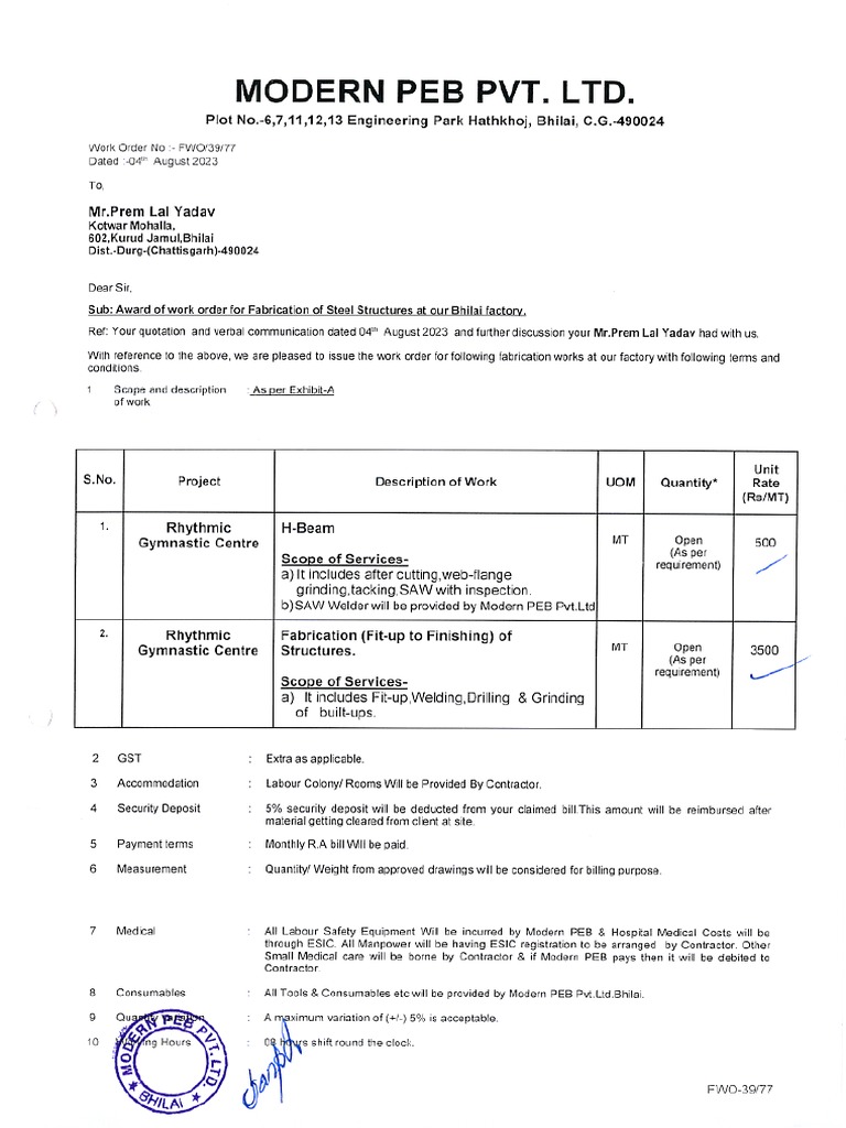 Fabrication Work Orders For Approval-04.08.2023 | PDF