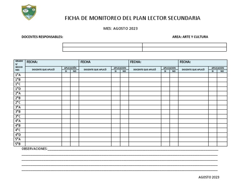Ficha de Monitoreo Del Plan Lector | PDF