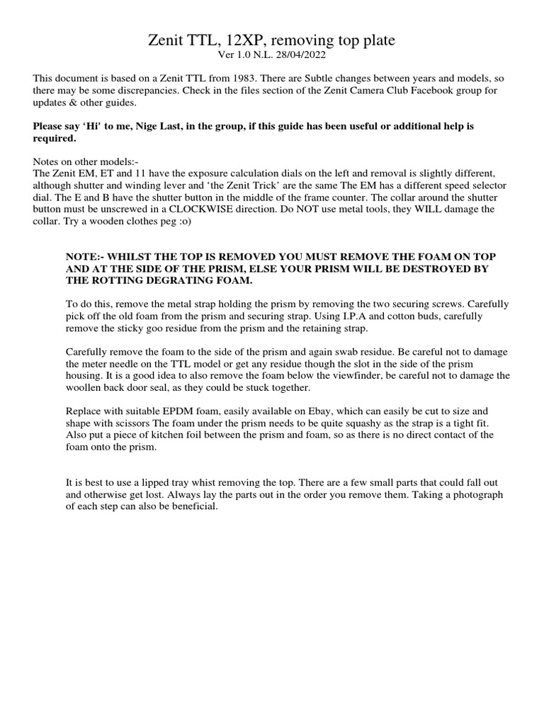 Zenit TTL - Top - Removal Ver 1 | PDF | Home & Garden