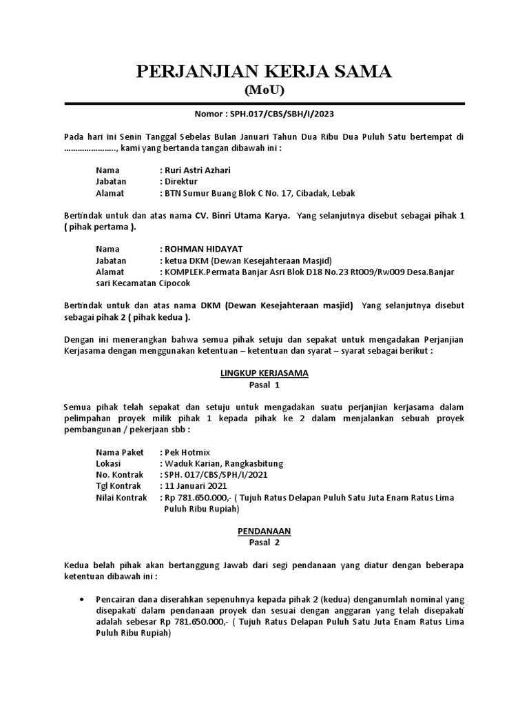 Perjanjian Kerja Sama: Nomor: SPH.017/CBS/SBH/I/2023 | PDF