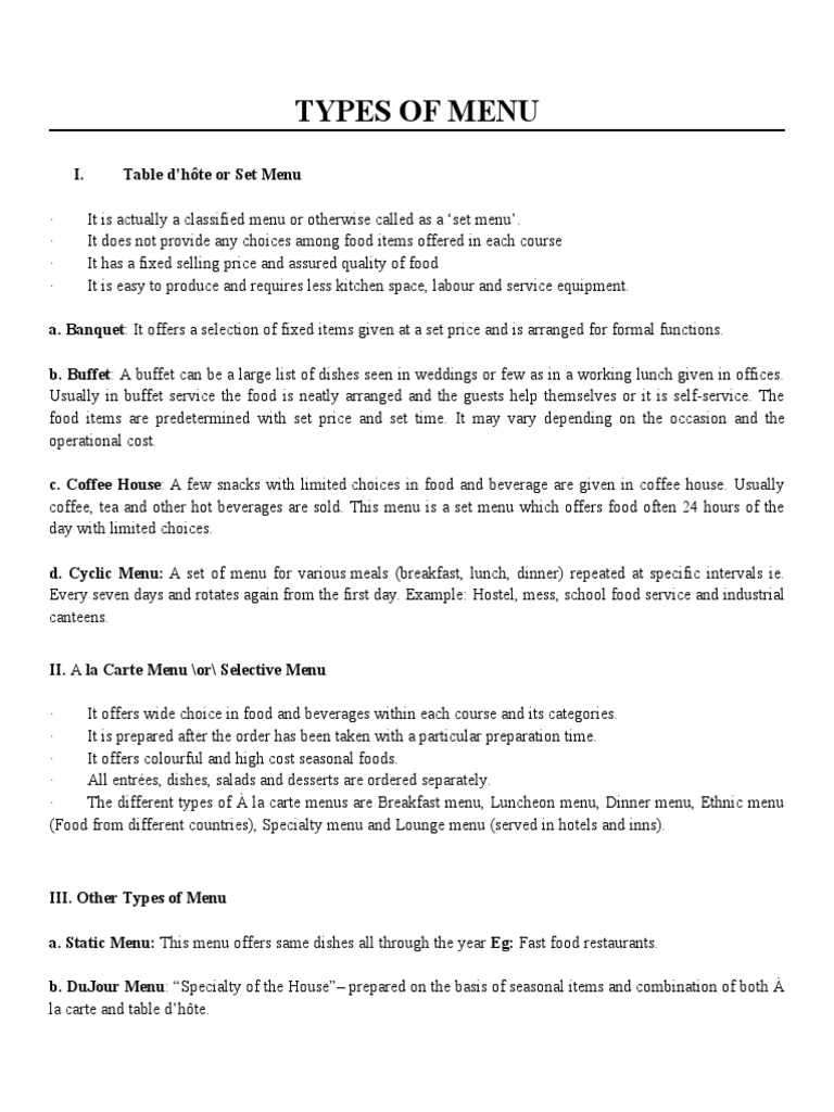 Types of Menu | PDF | Menu | Eating Behaviors Of Humans