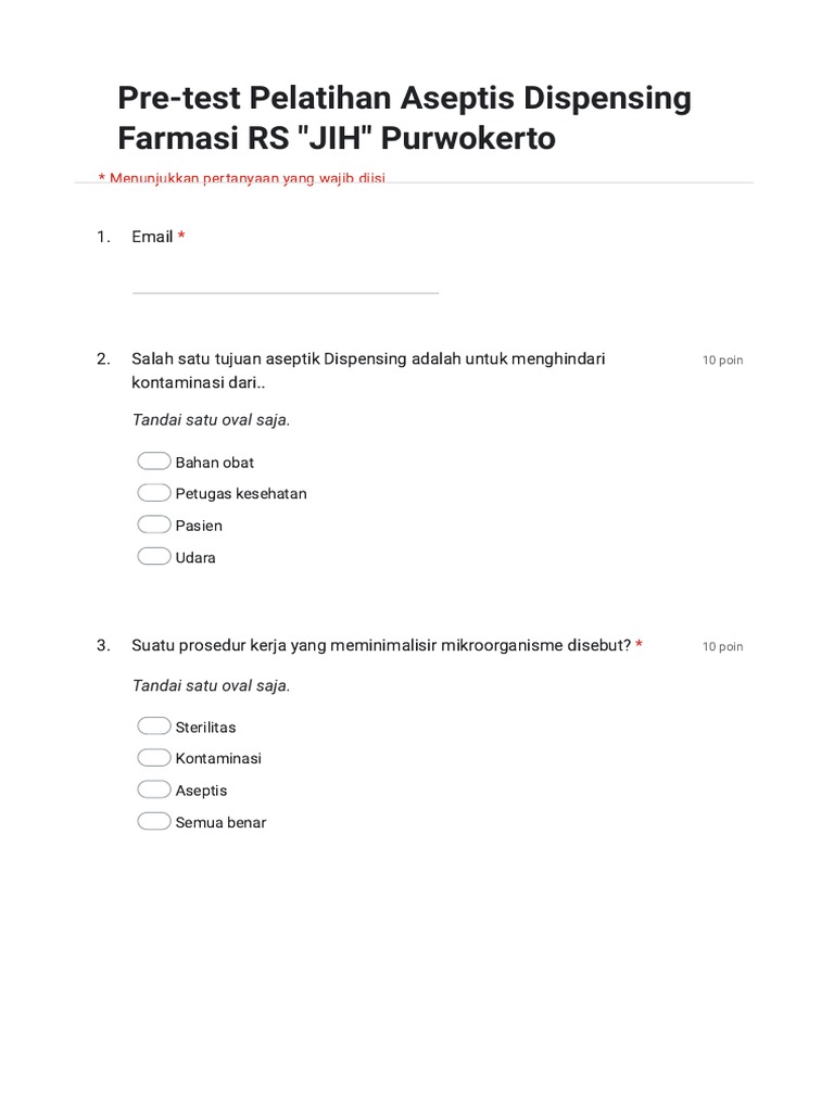Pre-Test Pelatihan Aseptis Dispensing Farmasi RS - JIH - Purwokerto | PDF