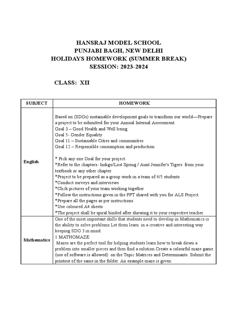 Holiday Homework Class 12 | PDF | Matrix (Mathematics) | Determinant
