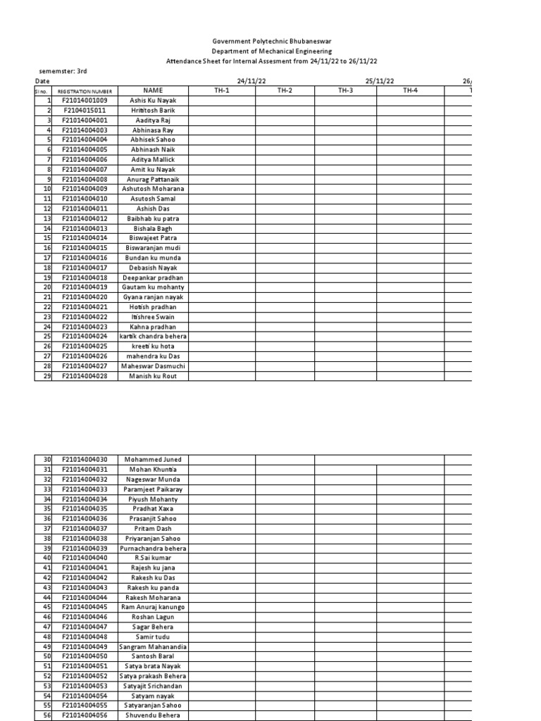 3rd Sem ATTENDANCE SHEET | PDF