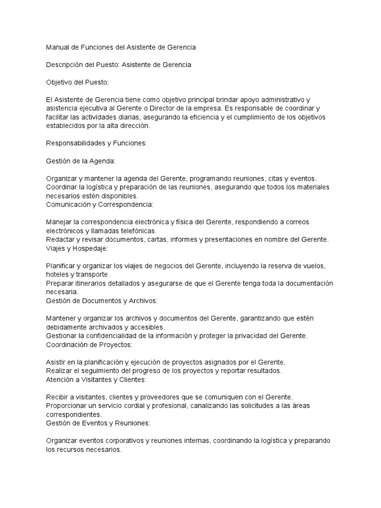 Ejemplo Manual de Funciones Asistente de Gerencia | PDF | Logística | Business