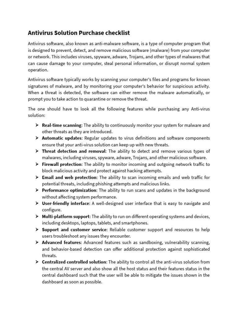 Antivirus Solution Purchase Checklist | PDF | Antivirus Software | Malware