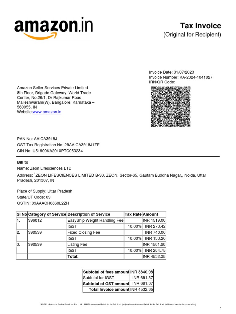 Amazon Seller Services Invoice Details | PDF | Invoice | Economy Of India