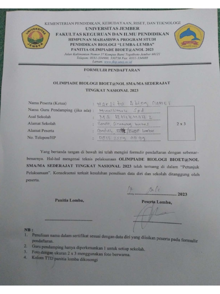 Warjito Abing Slamet - MAS AL HIKMAH 2 - Formulir Pendaftaran) | PDF
