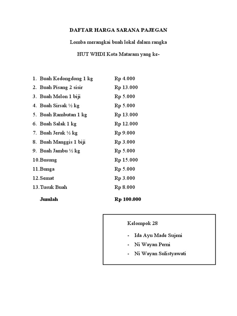 Daftar Harga Sarana Pajegan | PDF