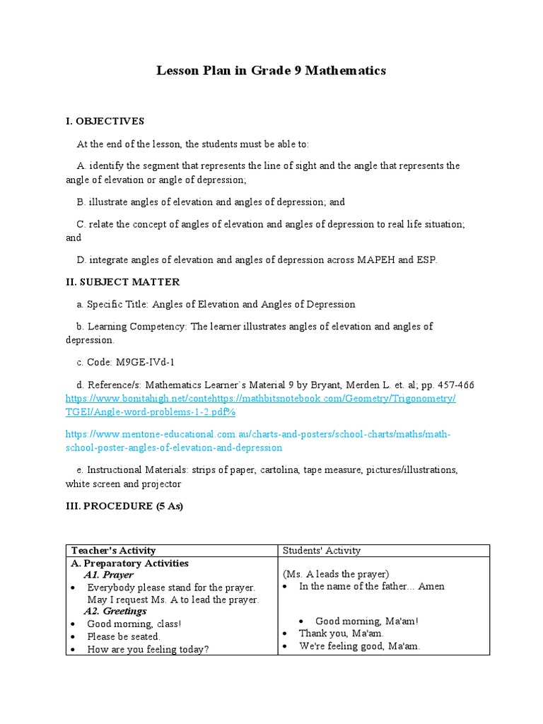 Lesson Plan in Grade 9 Mathematics - C02 | PDF | Trigonometric Functions