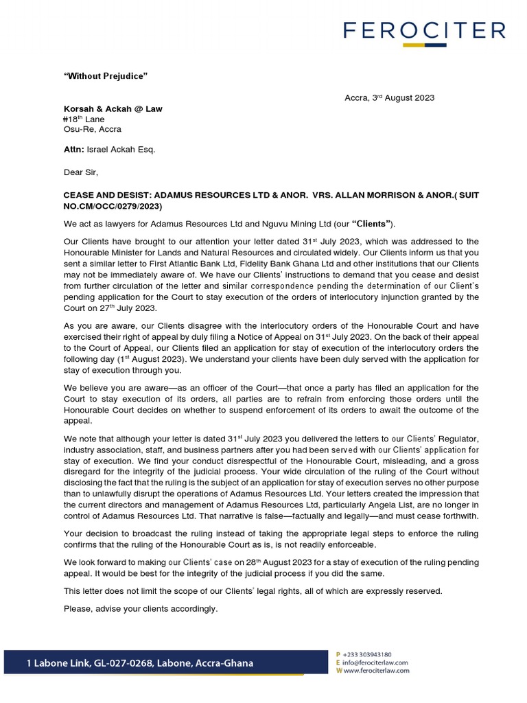 Adamus - Cease and Desist - Allan Morrison Litigation | PDF | The Honourable | Justice