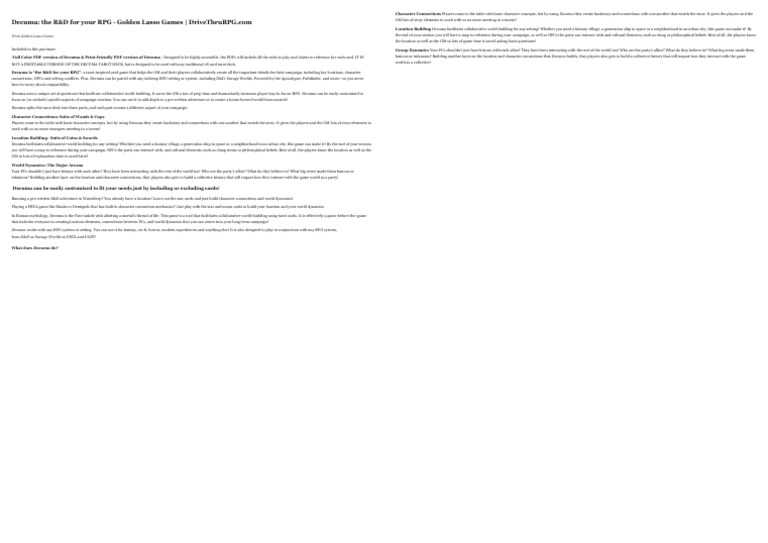 Decuma The R&D For Your RPG - Golden Lasso Games | PDF | Role Playing Games | Tabletop Games