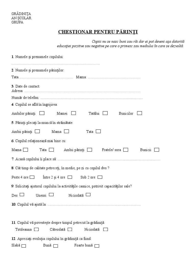 Chestionar Sedinta Parinti Model | PDF