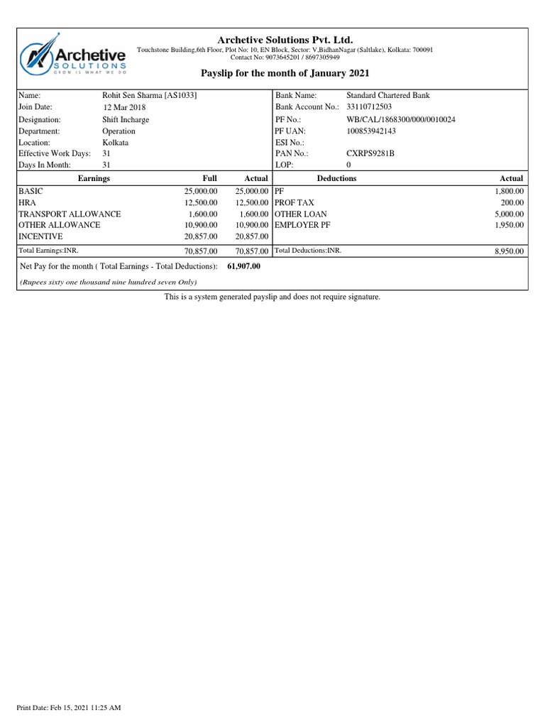 Payslip - AS1033 - Jan 2021 | PDF | Finance & Money Management
