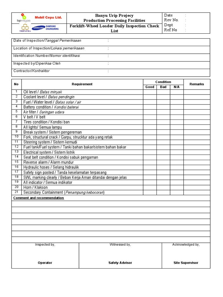 Forklift-Wheel Loader Daily Inspection Check List Rev 0 | PDF