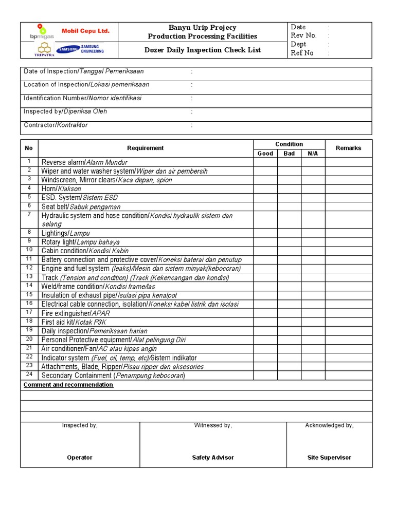 Dozer Daily Inspection Check List Rev 0 | PDF | Equipment ...