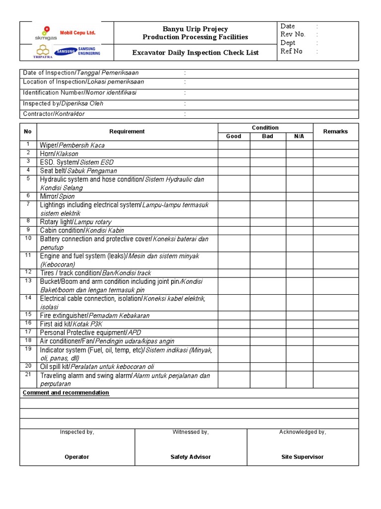 Excavator Daily Inspection Check List Rev 0 | PDF
