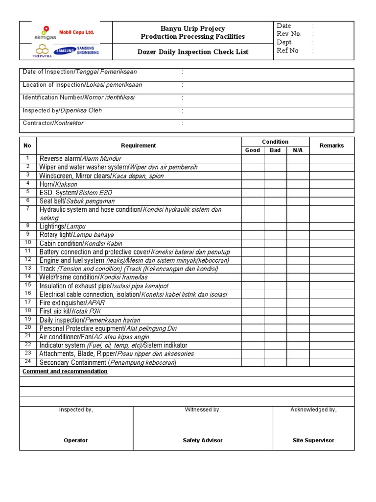 Dozer Daily Inspection Checklist | PDF | Equipment | Manufactured Goods