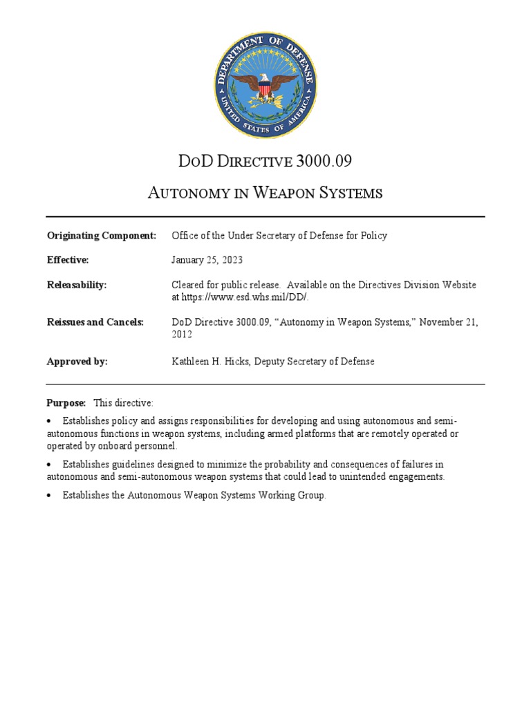 DoD Directive 3000.09 Autonomy in Weapon Systems 2023 | PDF