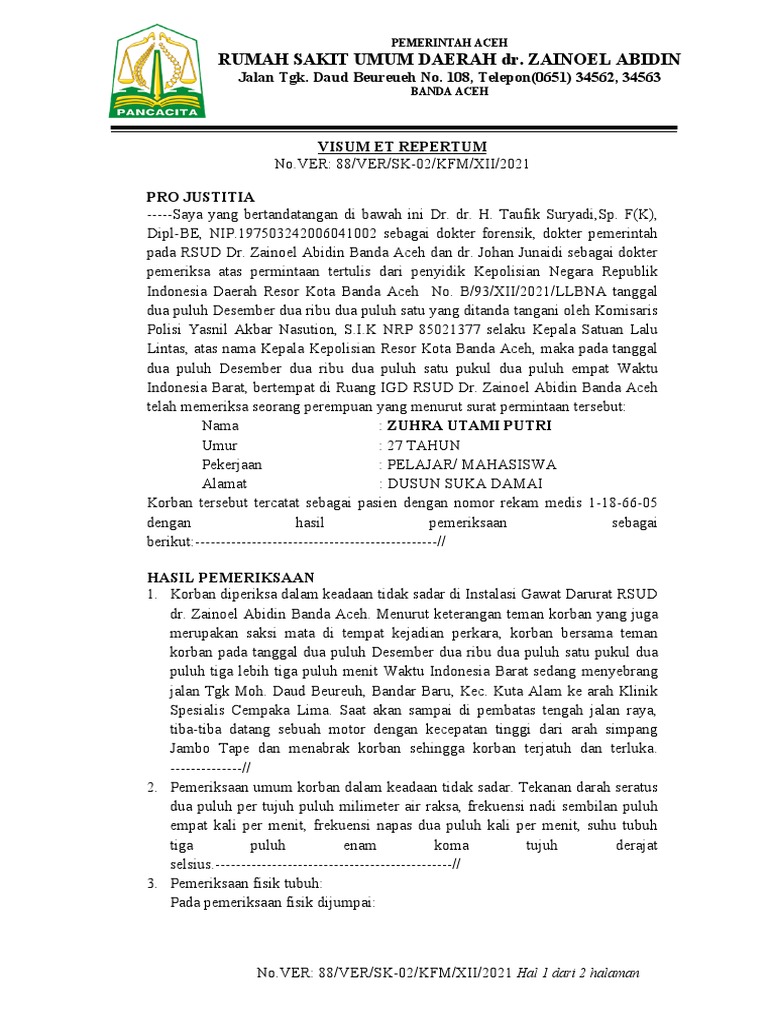 Contoh VER HIDUP Trauma Tumpul KLL | PDF