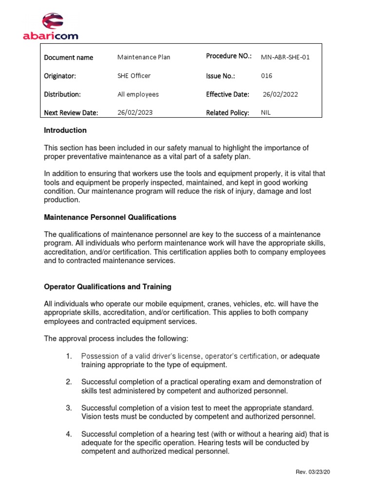 Maintenance Plan | PDF | Certification | Safety