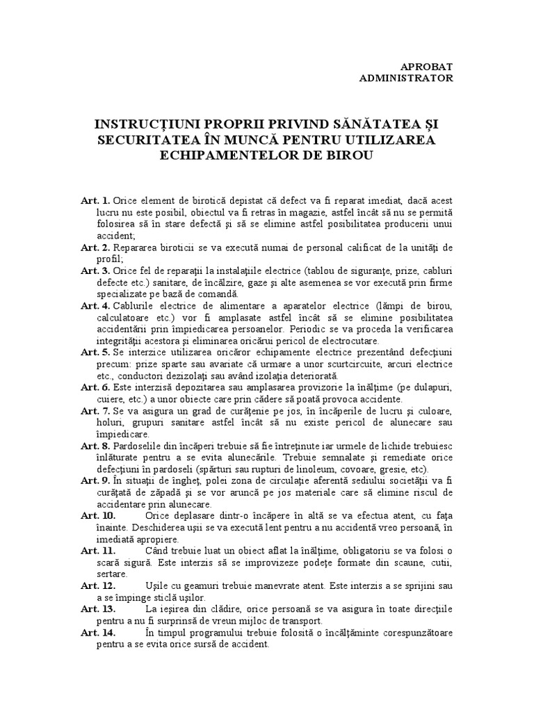 Instruciuni SSM - Utilizare Echipamente de Birou | PDF