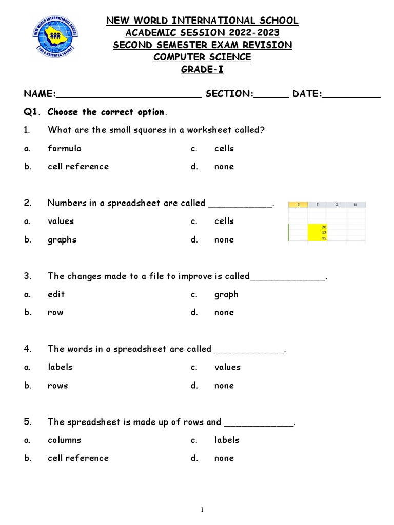 Grade 1 Computer Science Exam Revision | PDF | Spreadsheet | Microsoft ...