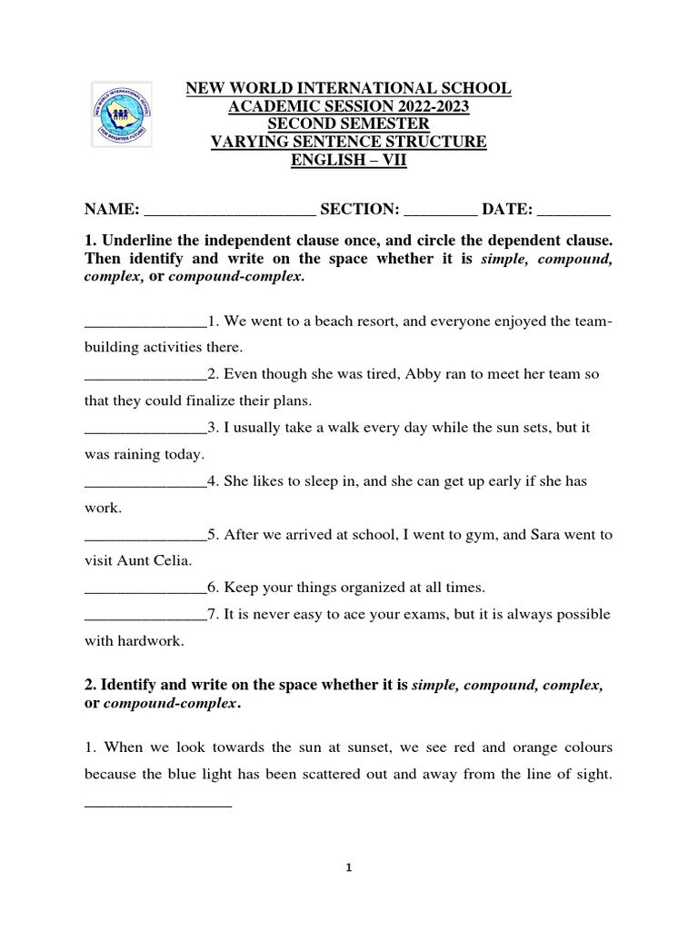 Varying Sentence Structure Exercise for Grade VII | PDF | Light ...