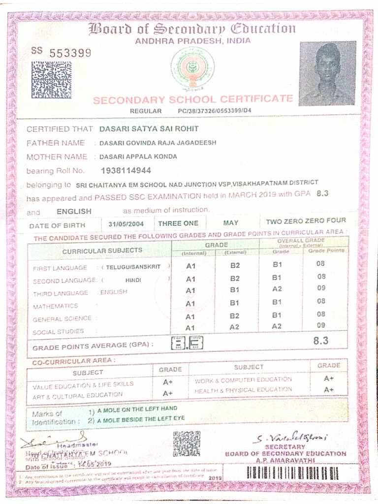 Rohit 10th Class Marks Memo (2) - Satya Sai Rohit Dasari | PDF