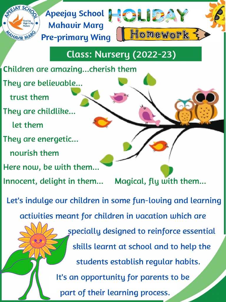 Class Nursery Holiday Home Work 2022-23 | PDF