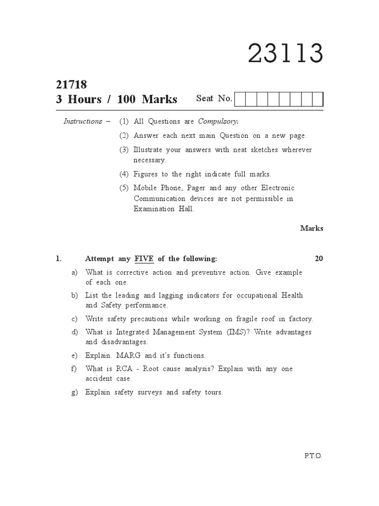 3 Hours / 100 Marks: Seat No | PDF | Safety | Occupational Safety And ...