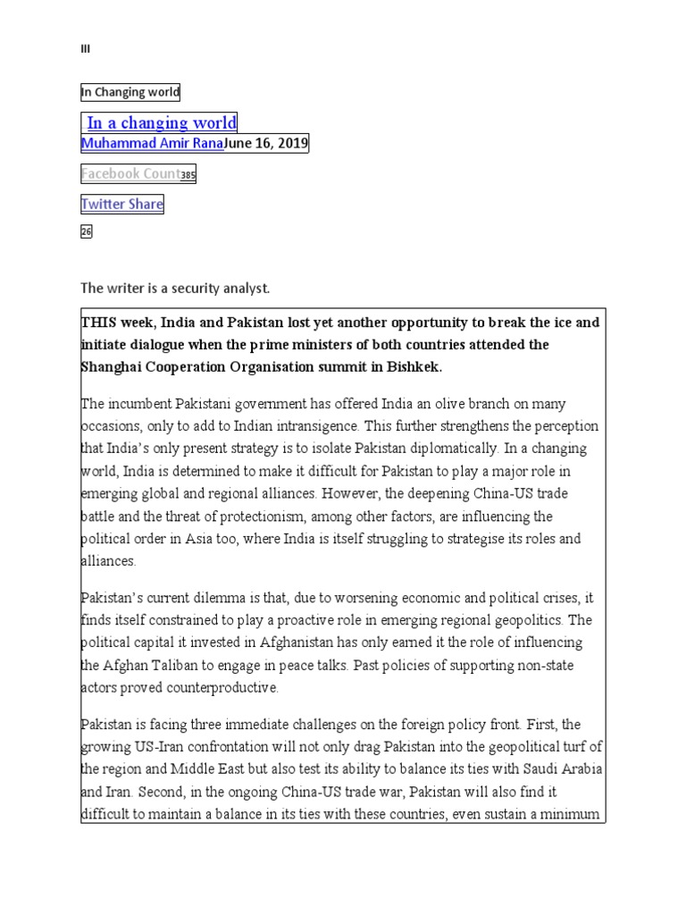 Dawn. Pakistan Changing Regional Apparatus | PDF