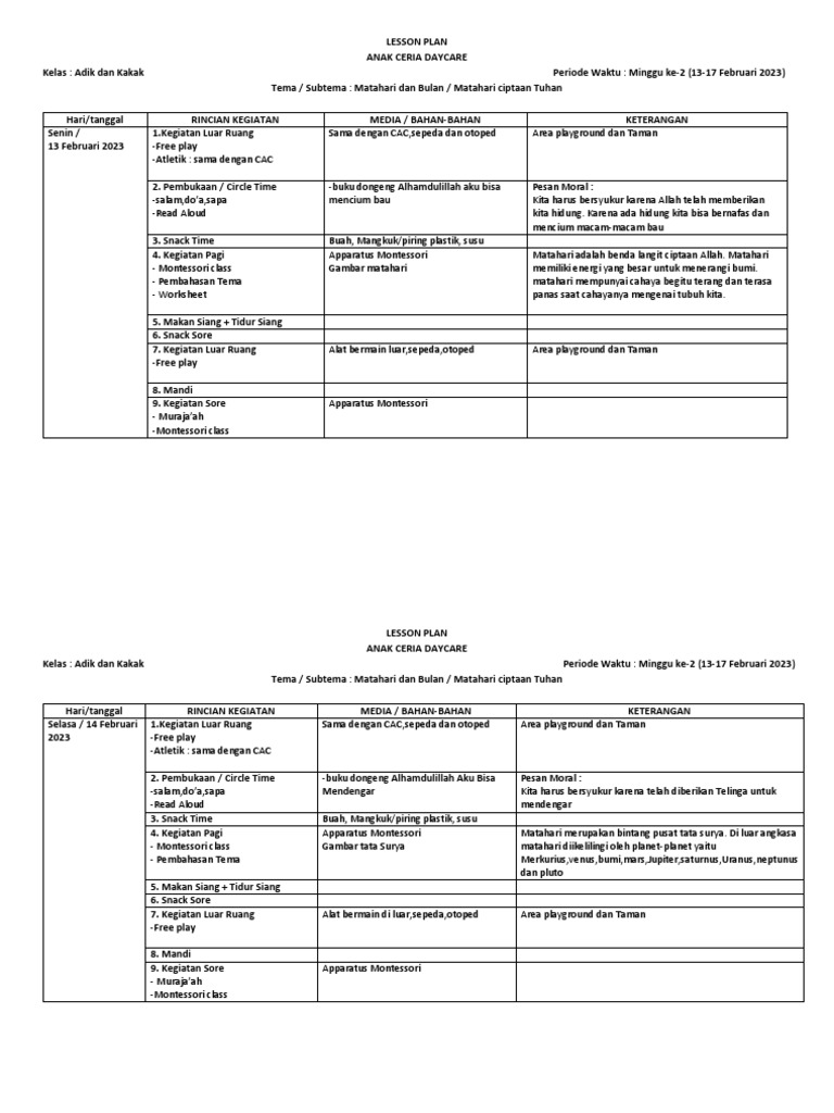 Lesson Plan Kelas Adik Kakak Minggu Ke-2 | PDF Lesson Plan Kelas Adik Kakak Minggu Ke-2 | PDF