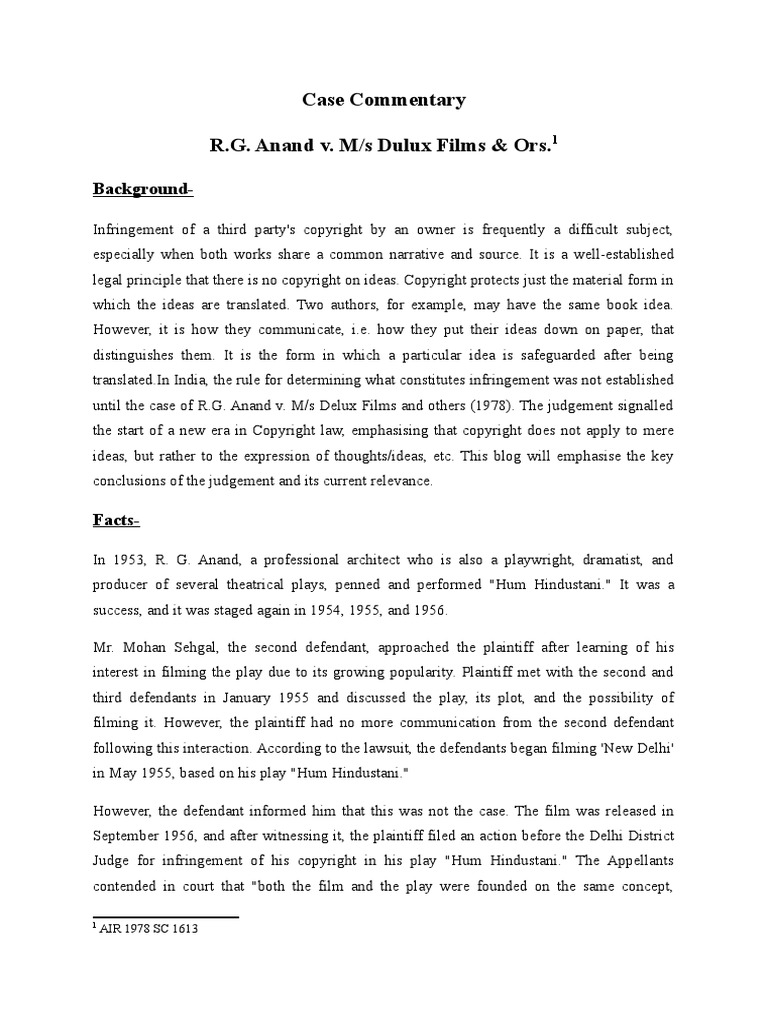 R.G. Anand v. Dulux Films Case Summary | PDF | Copyright | Copyright ...