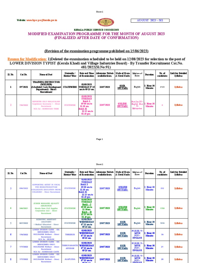 Exam Programme August 2023 | PDF