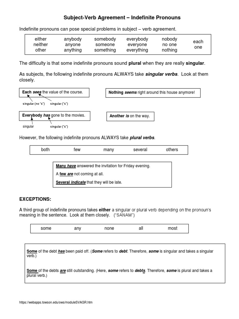 Subj-Verb Agreement Exercise 3 - Indefinite Pronouns | PDF ...