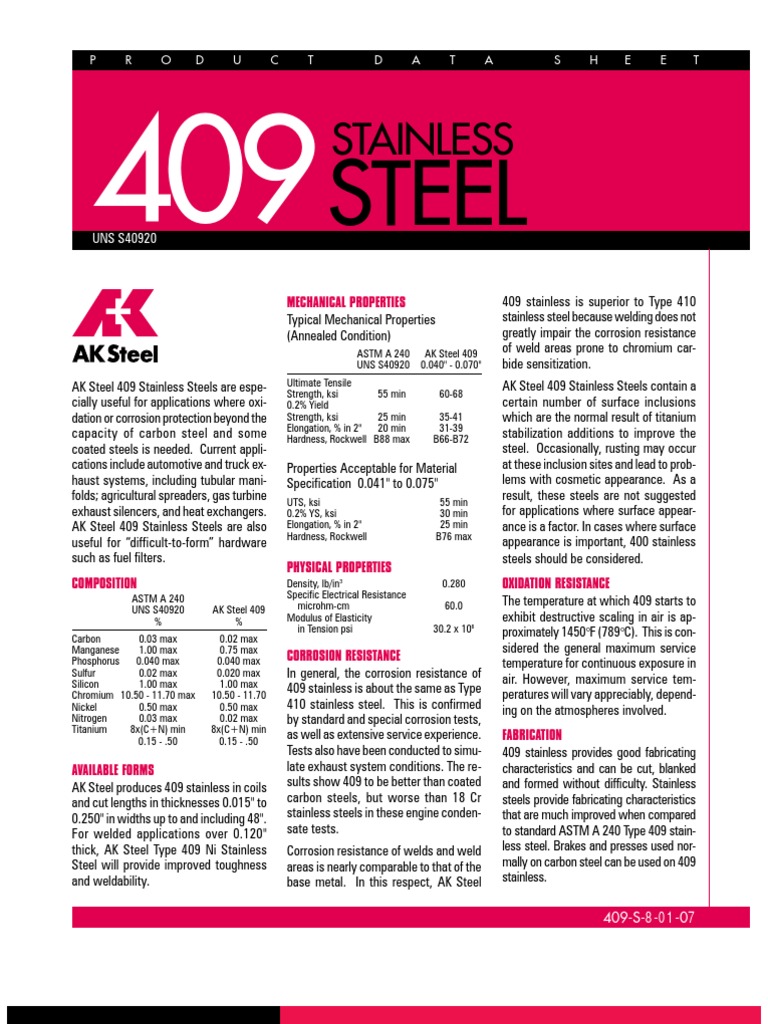 409 Data Sheet | PDF | Stainless Steel | Steel