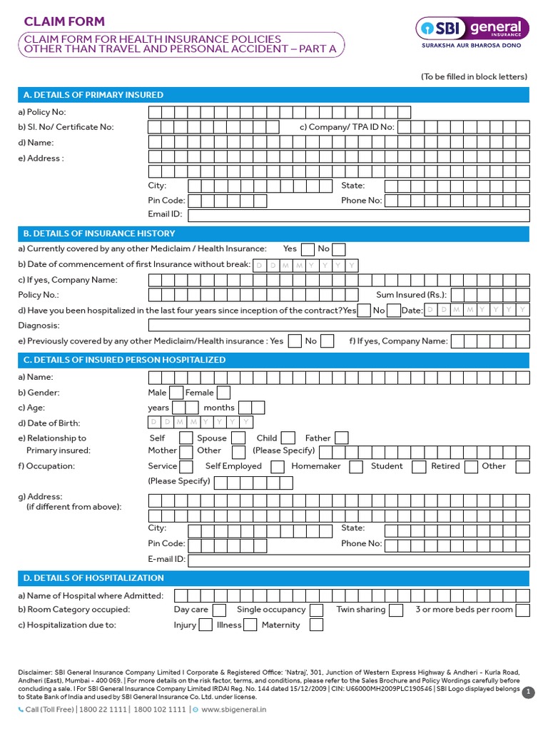 Claim Form For Health Insurance Policies Other Than Travel and Personal ...