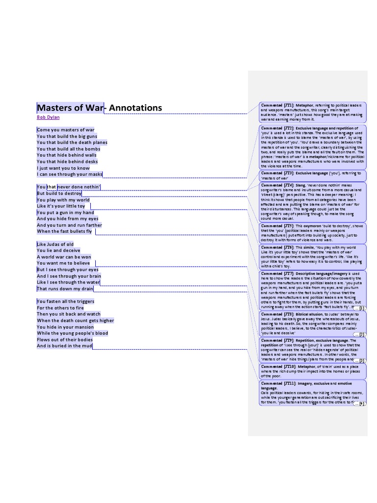 Masters of War Annotations | PDF | Forgiveness | Deception