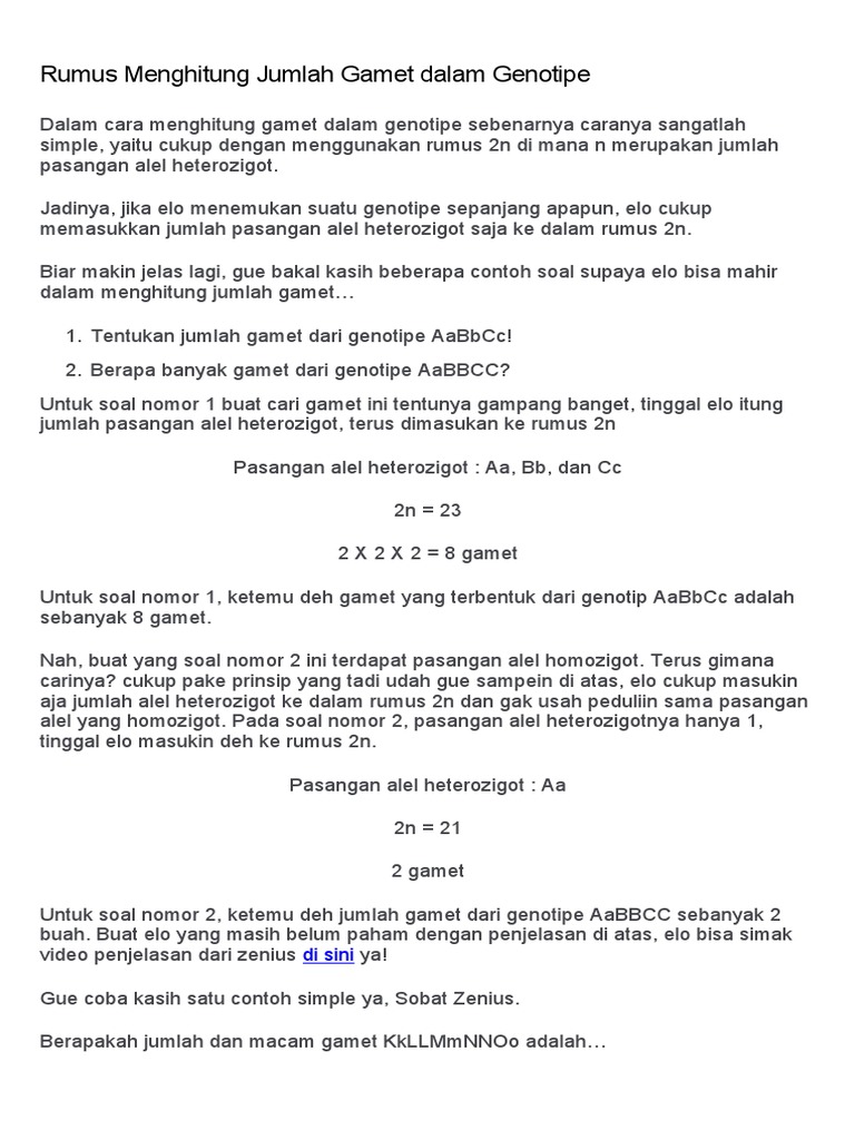 Rumus Menghitung Jumlah Gamet Dalam Genotipe | PDF