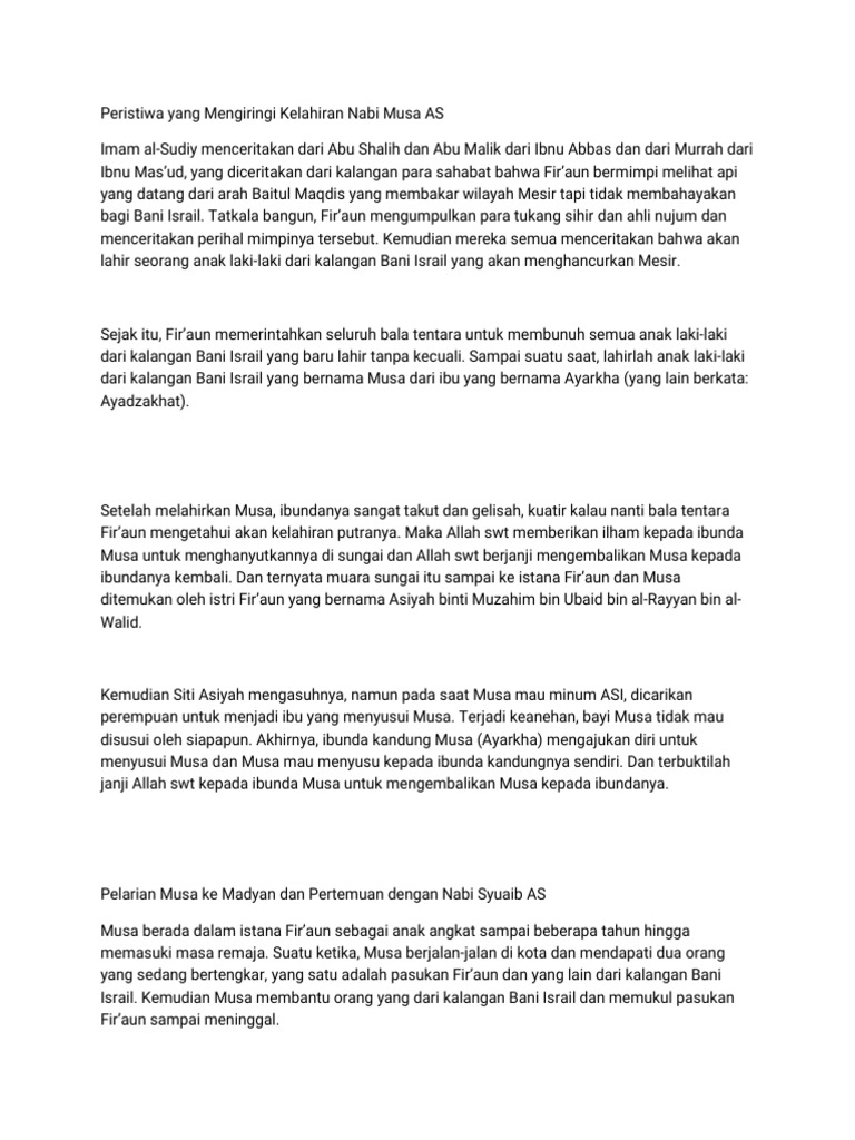 Kelahiran dan Perjuangan Nabi Musa AS | PDF
