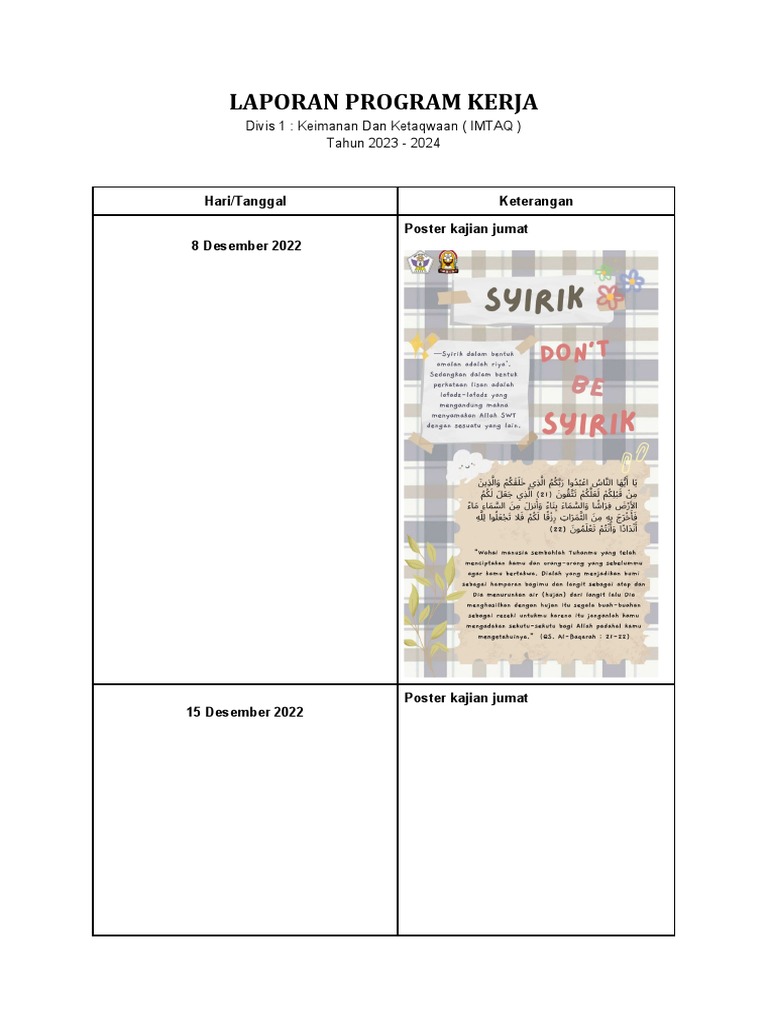 Laporan Proker Divisi 1 Keimanan Ketaqwaan | PDF