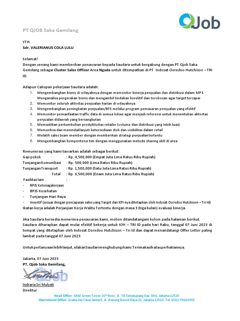 Offer Letter Ngada Cso Valerianus Cola Lulu | PDF | Karier & Perkembangan | Bisnis