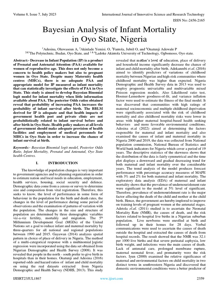 Bayesian Analysis of Infant Mortality in Oyo State, Nigeria | PDF | Infant Mortality | Maternal ...