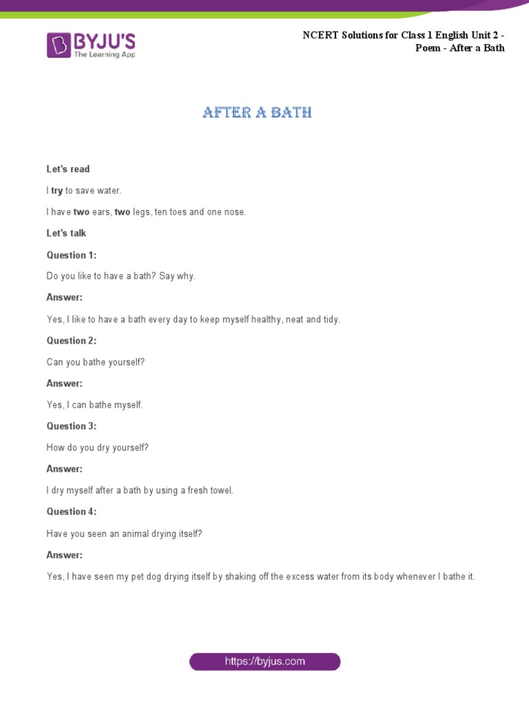 Class 1 English 4 May Unit 2 Poem After A Bath | PDF