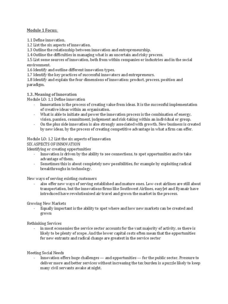Module 1 Notes | PDF | Innovation | Entrepreneurship