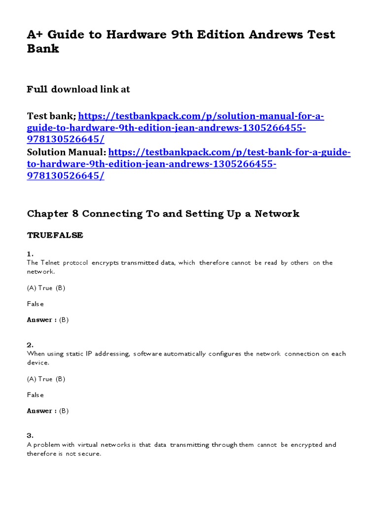A+ Guide To Hardware 9th Edition Andrews Test Bank 1 | PDF | Ip Address ...