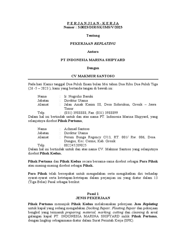 Final Draft Perjanjian Kerja Subcon (CV Makmur Santoso) - 124500 | PDF