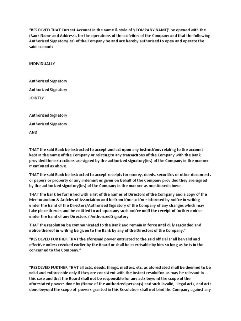 Company Bank Account Resolution Document | PDF | Government | Civil Law ...